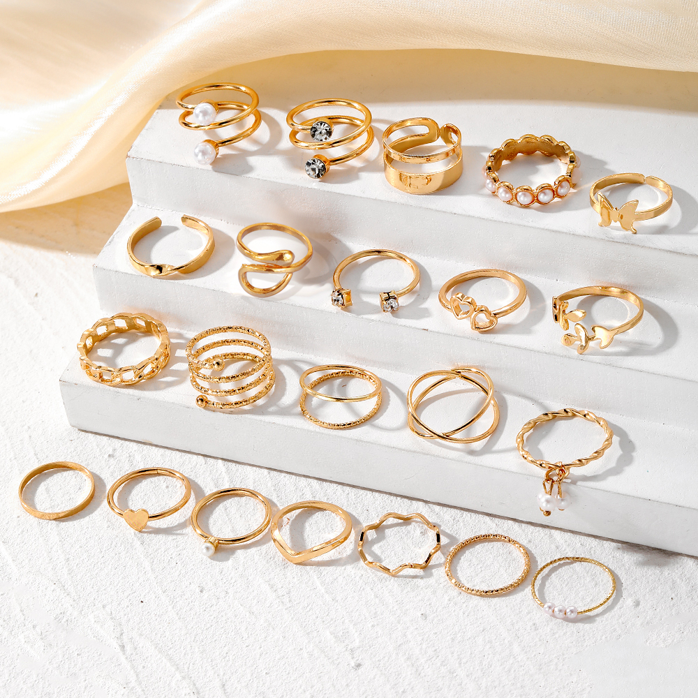 22 Pcs Ring Set Tassel Pearl Twist Hollow Heart Butterfly Leaf Gold ...