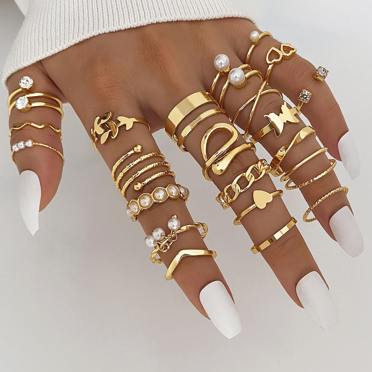 22 Pcs Ring Set Tassel Pearl Twist Hollow Heart Butterfly Leaf Gold ...