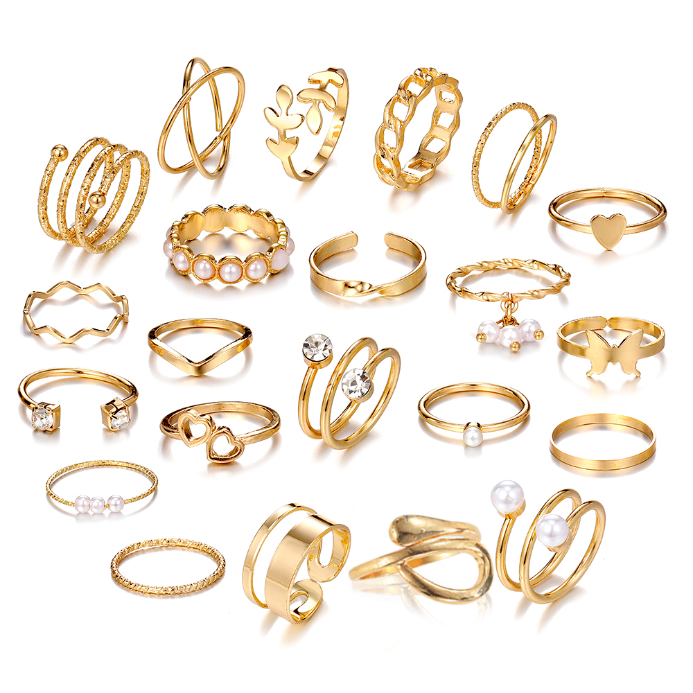 22 Pcs Ring Set Tassel Pearl Twist Hollow Heart Butterfly Leaf Gold ...