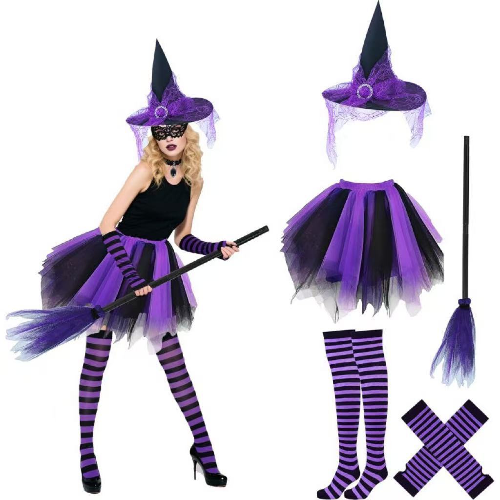 Woman Halloween Witch Costume Witch Hat Tulle Tutu Skirt Stockings Wand ...