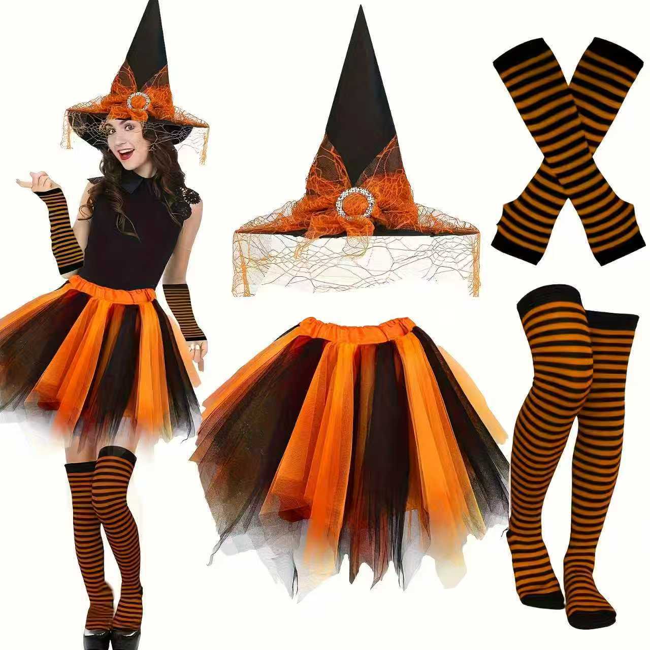 Woman Halloween Witch Costume Witch Hat Tulle Tutu Skirt Stockings Wand ...