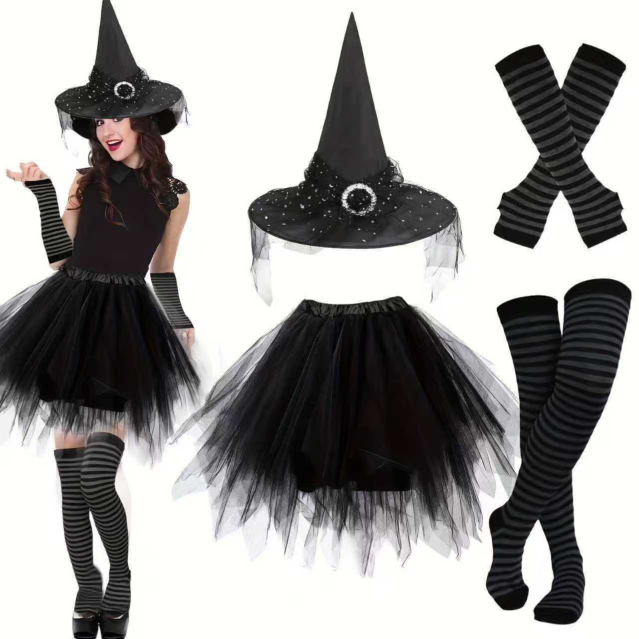 Woman Halloween Witch Costume Witch Hat Tulle Tutu Skirt Stockings Wand ...
