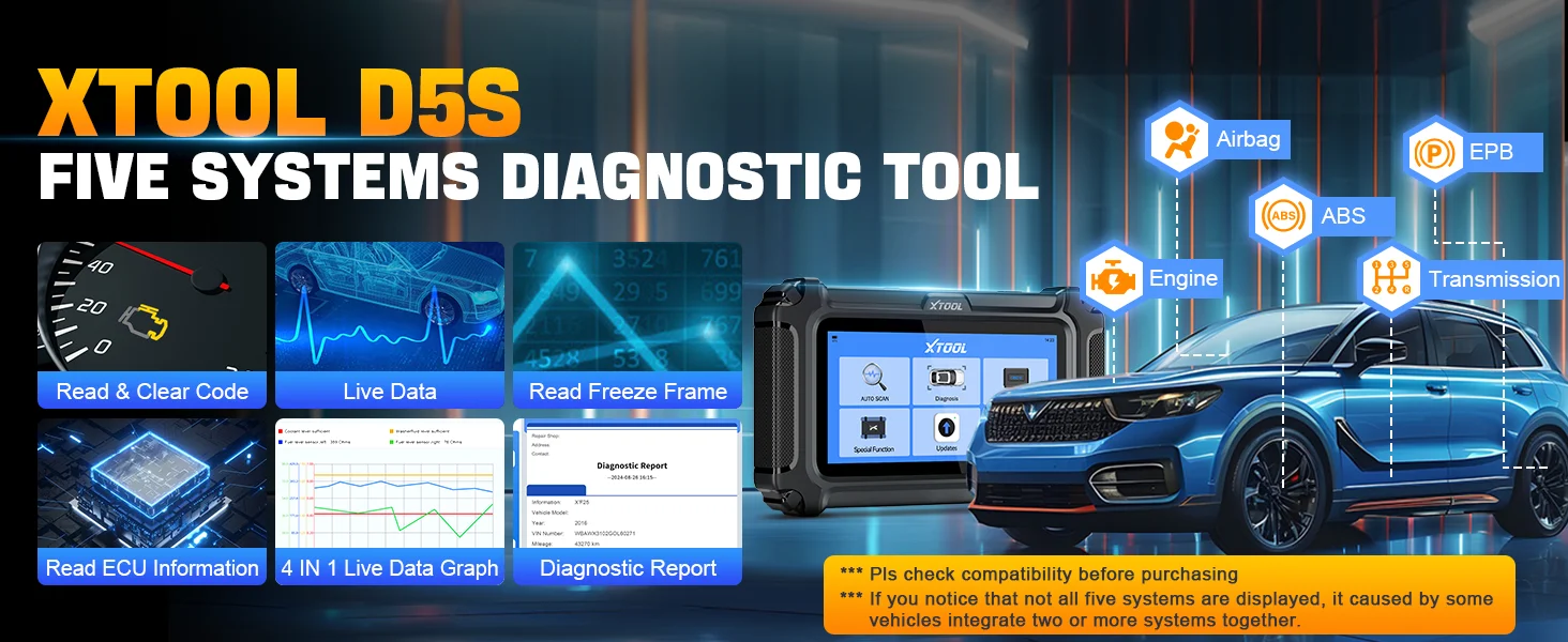 XTOOL D5S D5 Engine/Transmission/ABS/SRS/EPB System OBD2 Scanner ...