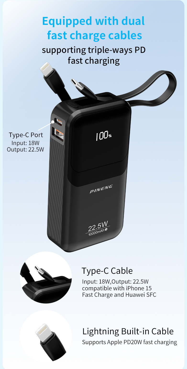 Pineng PN-831PD 10000mAh Portable Powerbank Built-in Dual Cable 22.5W ...