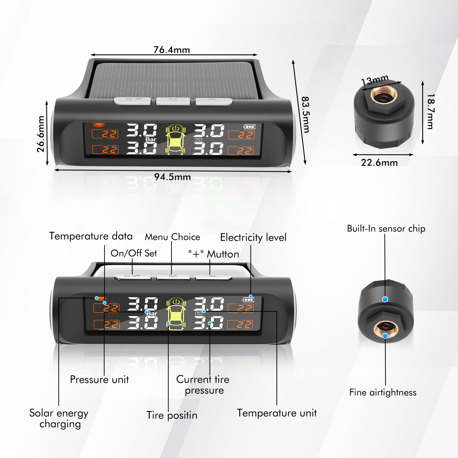 TPMS Tire Pressure Monitoring System Wireless Solar Car Tire Pressure ...