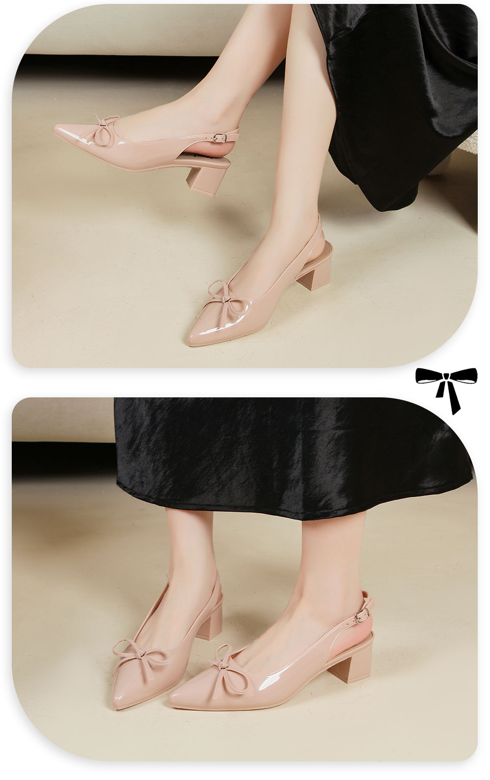 LALA French Pointed Heels With Bow Design High Heels Gloss Rubber ...
