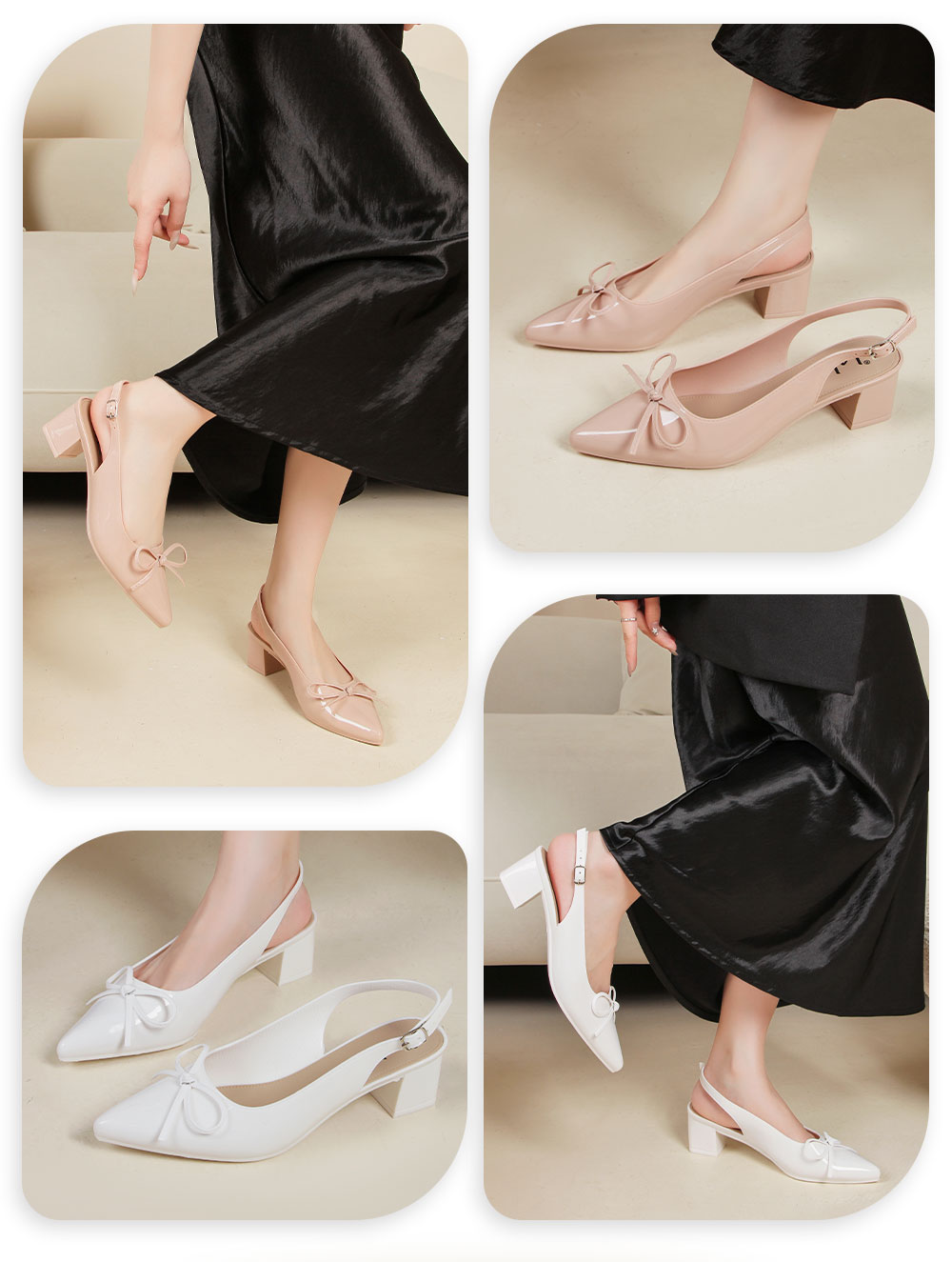 LALA French Pointed Heels With Bow Design High Heels Gloss Rubber ...
