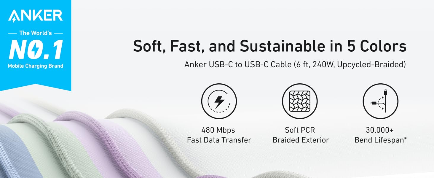 Anker A82E2 Nano USB C Cable, 240W 6FT Flexible Multi-Color Braided ...