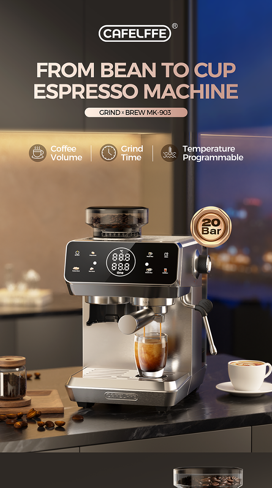 Cafelffe 20Bar Touch Screen Espresso Coffee Maker with Anti-Splash ...