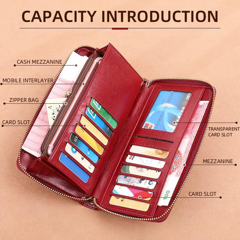 Elegant Travel Anti RFID Cow Genuine Leather Zipper Long 6.7inch Phone ...