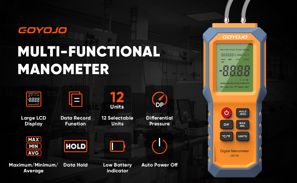 GOYOJO Digital Gas Pressure Tester Manometer with Backlit Dual Port Air ...