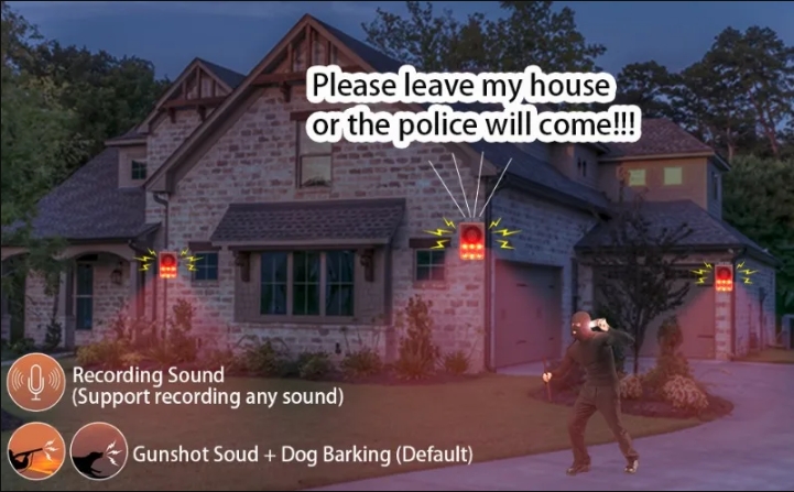 Solar Motion Alarm Lamp 130dB Dog Bark Gunshot Waterproof LED Strobe ...