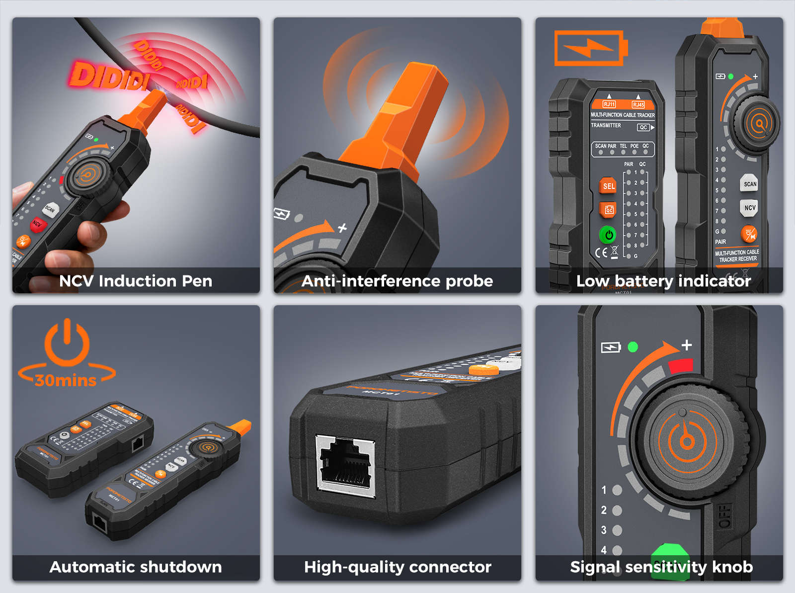 POROMETISTO MCT01 Network Cable Tester 60V Intelligent Anti-burn RJ11 ...