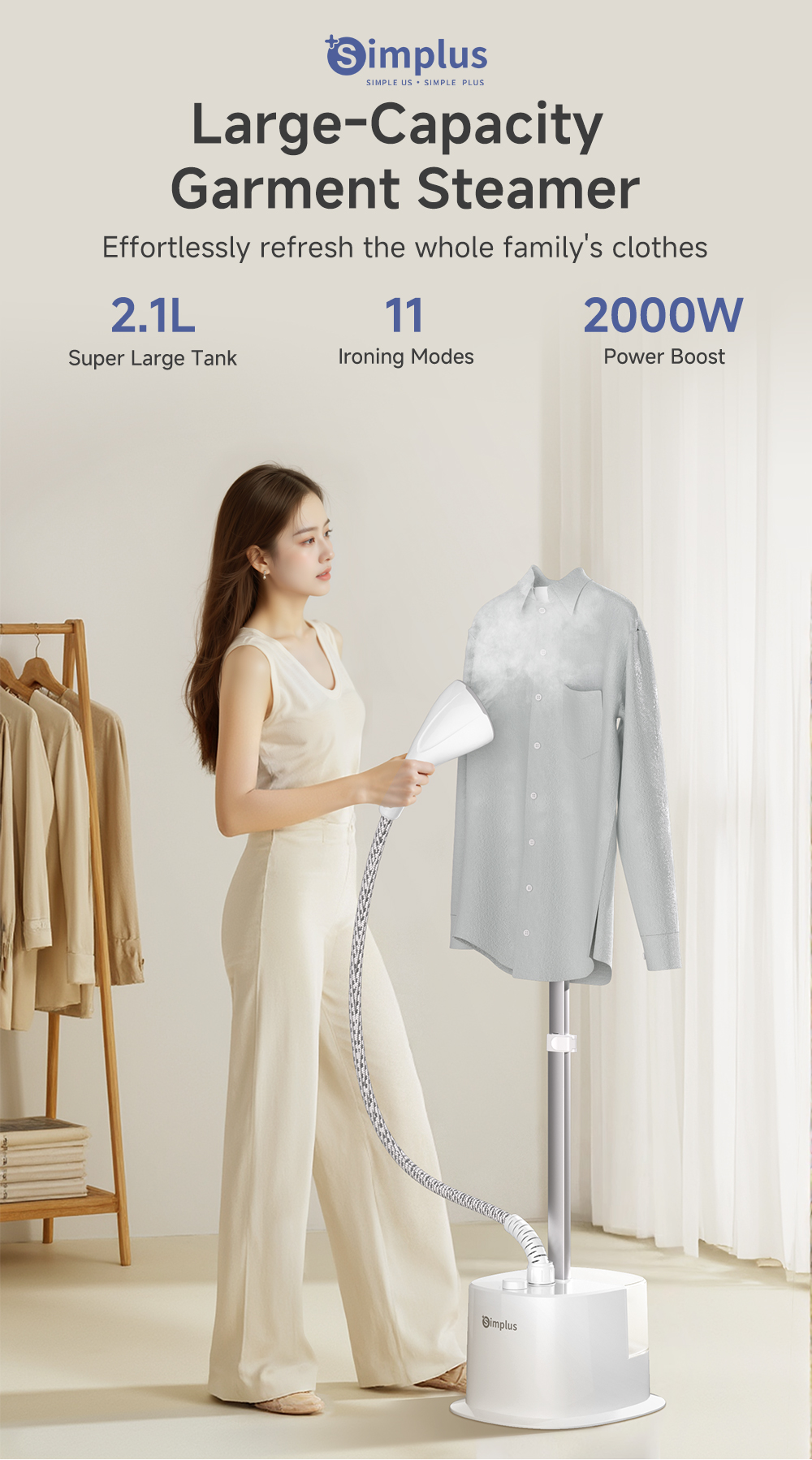 Simplus Standing Garment Steamer 2.1L Large Water Tank40g/min Steam ...