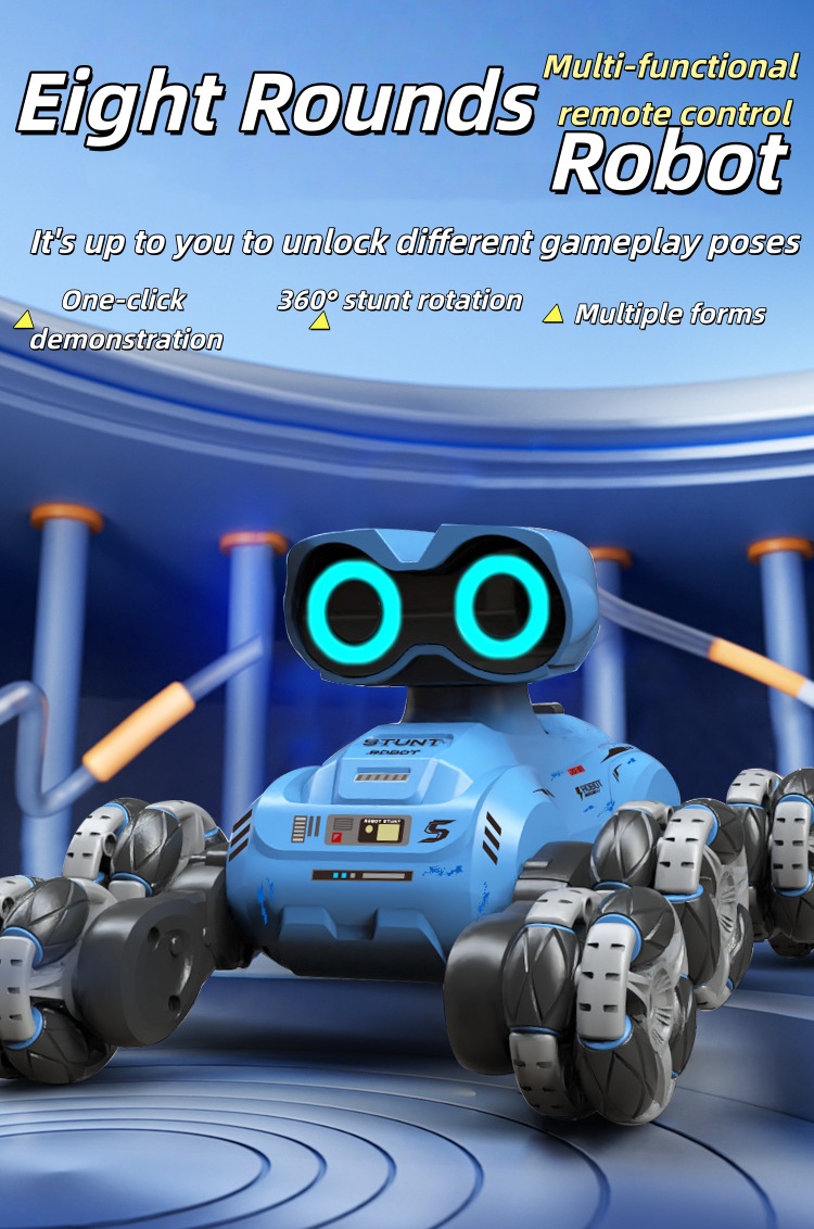 An eight-wheeled robot stunt toy that glows, makes sounds ...