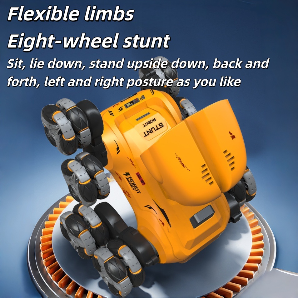 An eight-wheeled robot stunt toy that glows, makes sounds ...