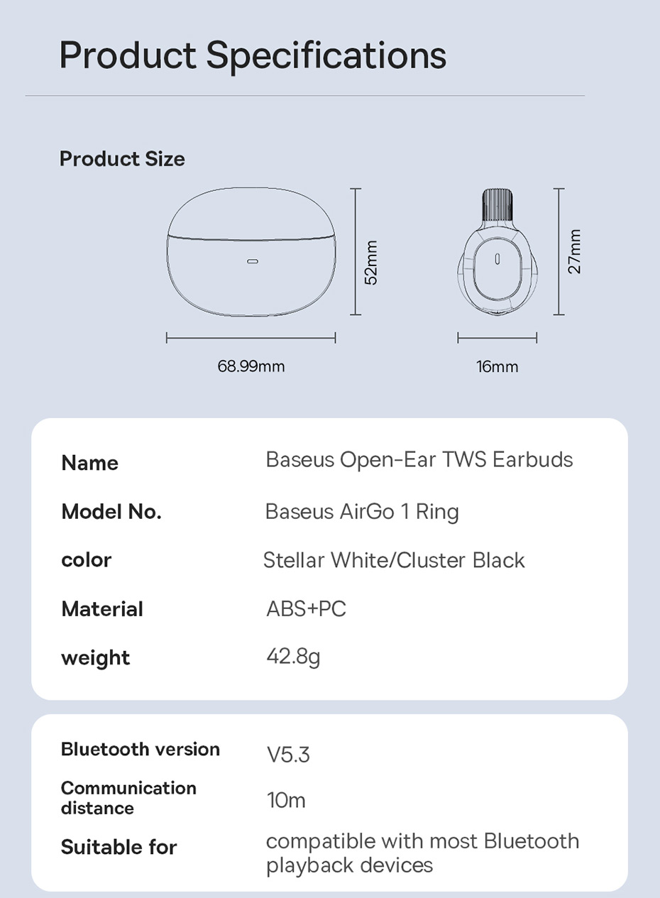 Baseus AirGo Open-Ear TWS Earbuds Wireless Earphone Bluetooth 5.3 ...
