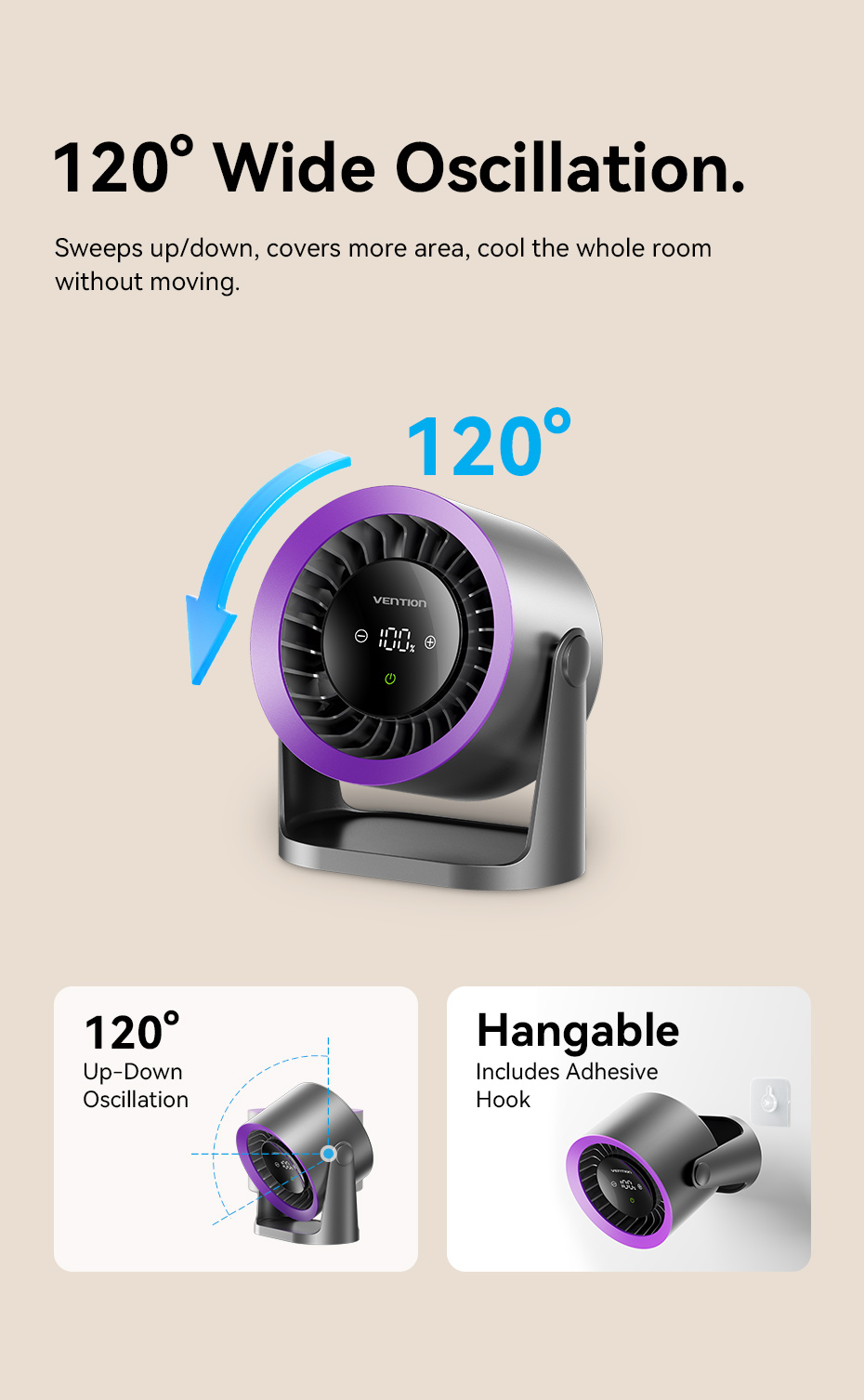 Vention Ultra Performance Desk Fan 5000mAh - 100 Speed Settings Air ...