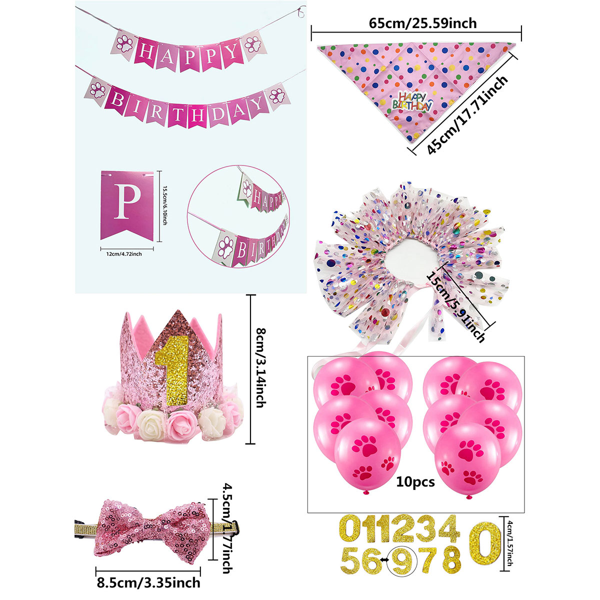 Dog Birthday Party Supplies Pink Paw Print Banner Crown Scarf Pet Polka ...
