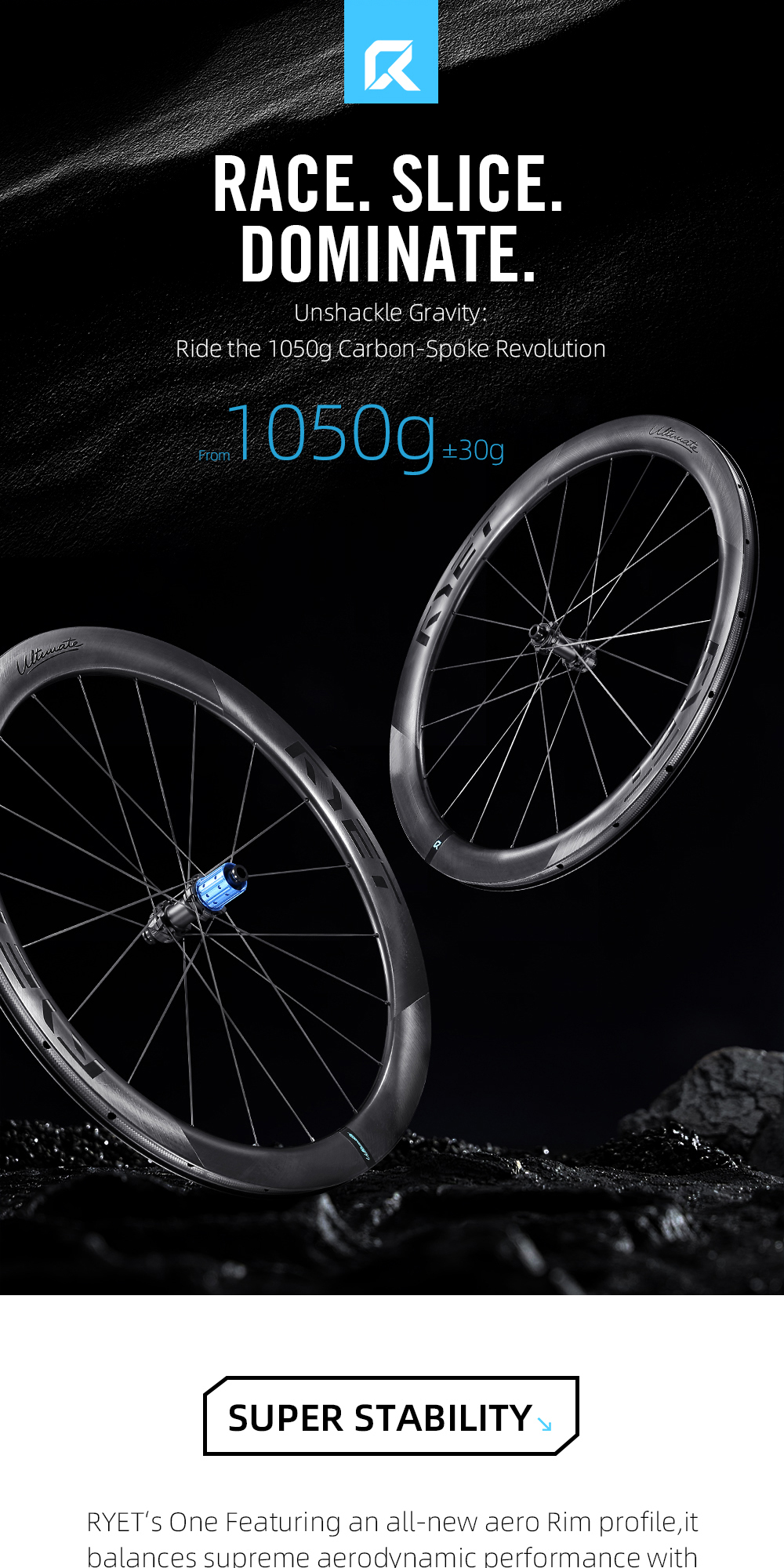 RYET 1050g Full Carbon Road Wheelset Ultra Light Aero Disc Brake Carbon Spokes, 54T Ceramic ...