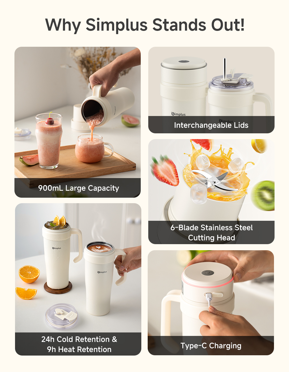 Simplus Portable Blender Wireless Juicing Cup 900mL Large Capacity ...