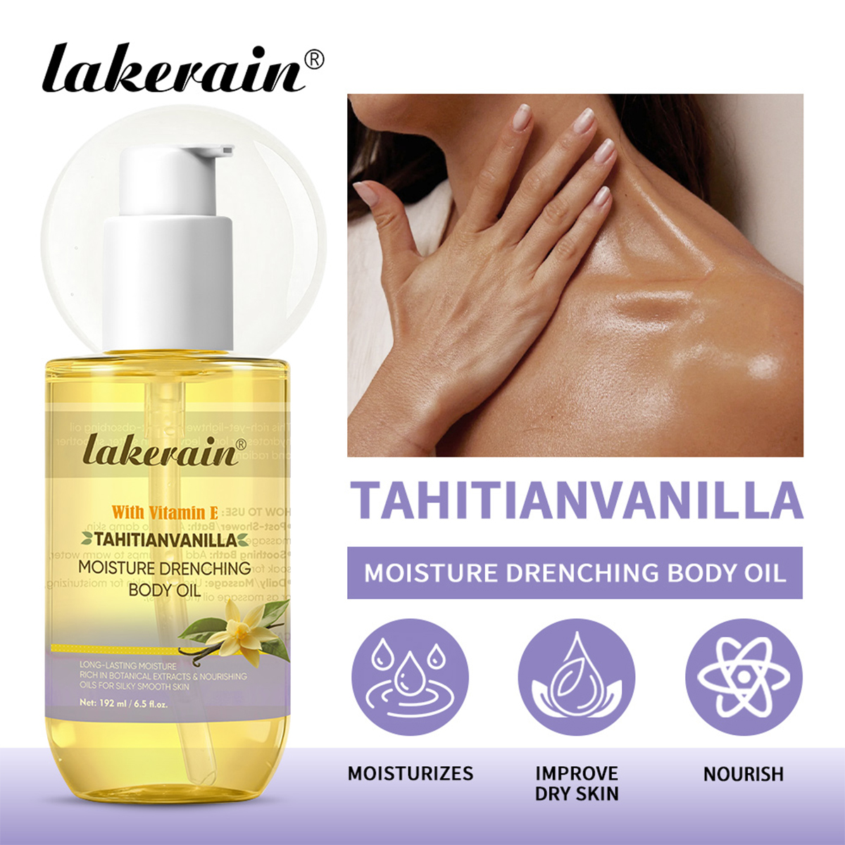 Lakerain Tahitian Vanilla Body Oil - 72Hr Moisture Drenching Hydration ...