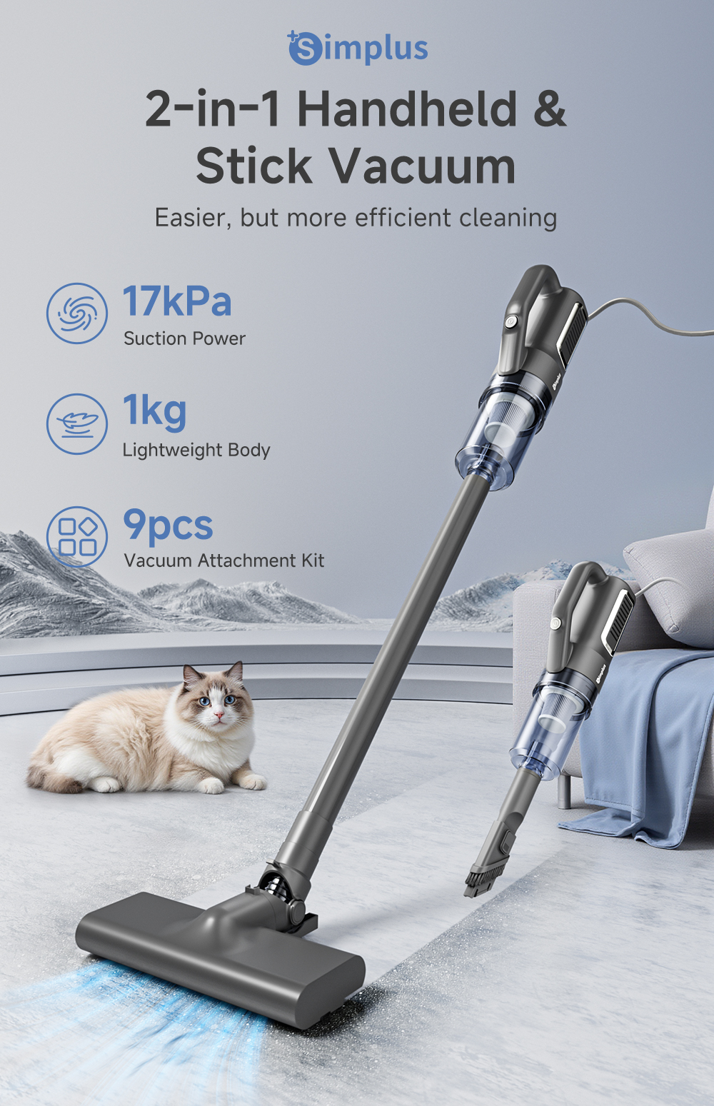 Simplus Vacuum Cleaner 17000Pa Strong Suction 3 in 1 Portable Handheld ...
