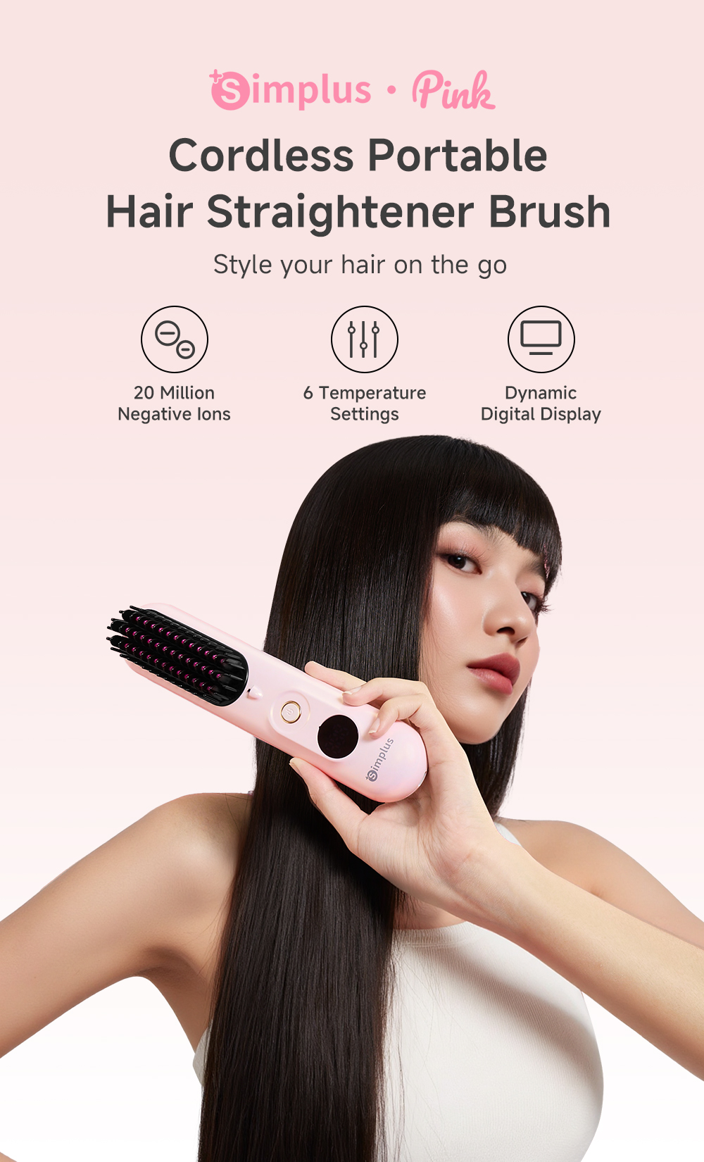 Simplus Cordless Hair Brush Straightener Negative Ion Anti-Scalding Hair Brush Comb Portable 6 ...