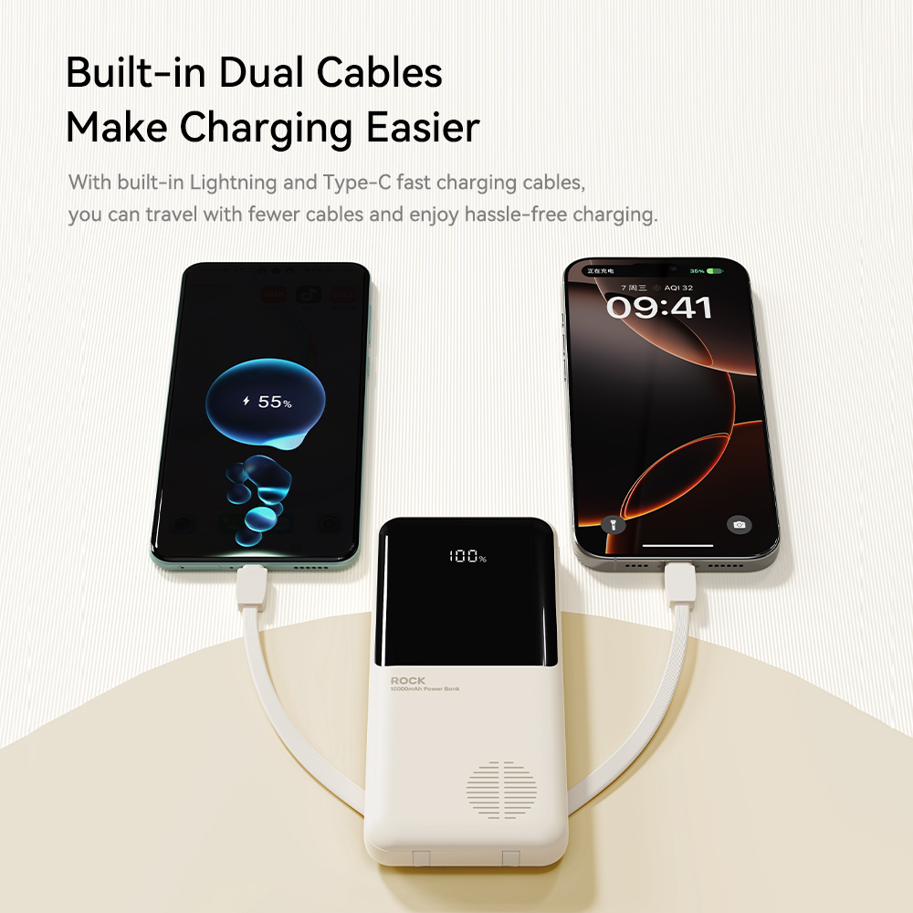 Rock Space P65 PD Fast Charging Power Bank with Built-in Cables ...