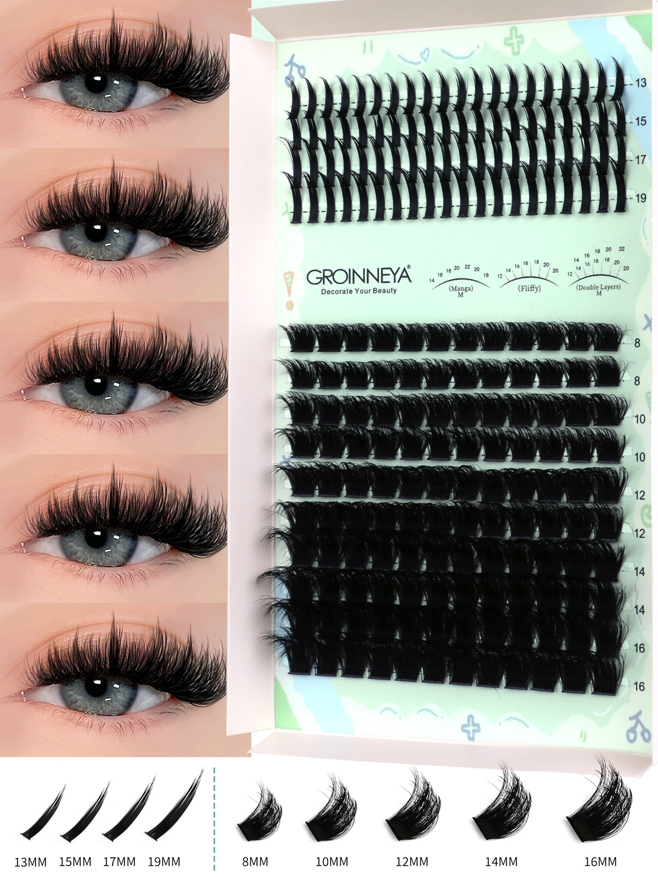 GROINNEYA Voluminous Lash Clusters Kit With Spikes Cat Eye Anime ...