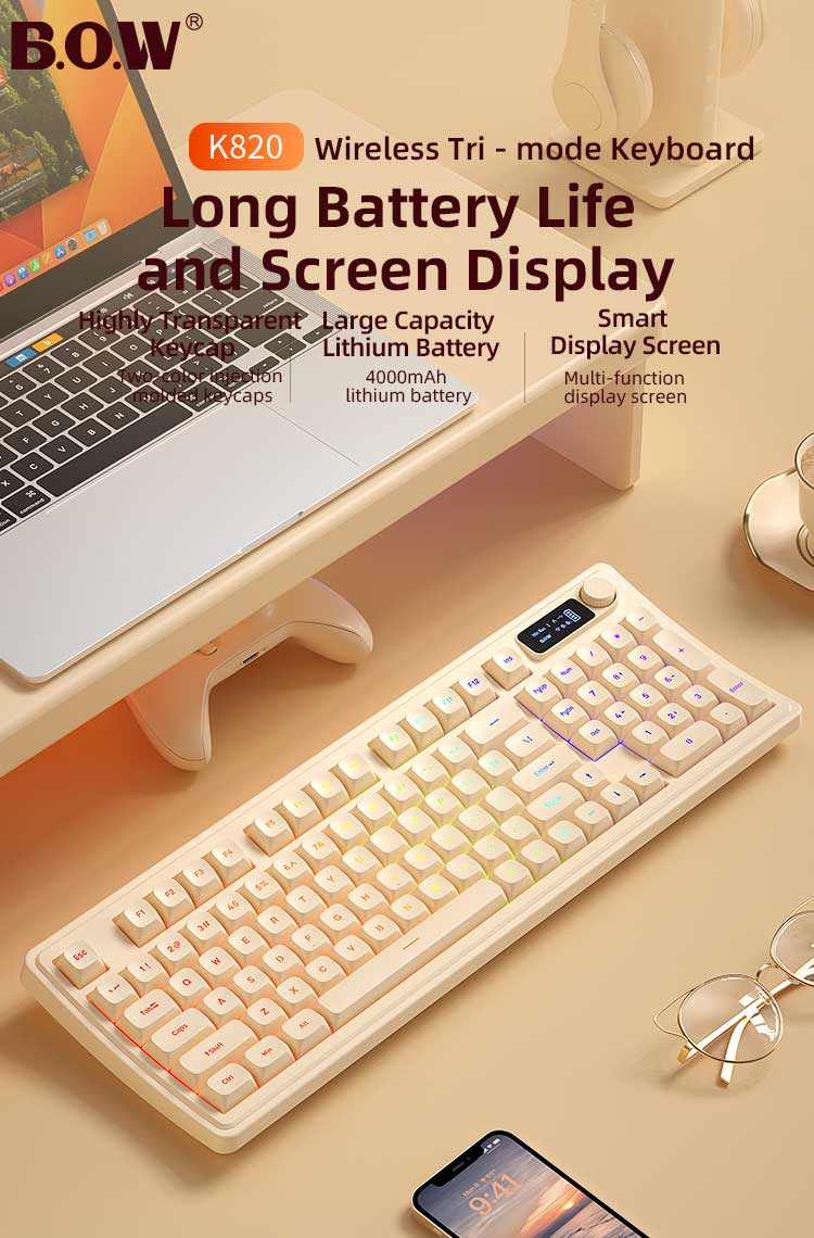K820 Series Wireless Bluetooth Tri-mode Keyboard Portable RGB Backlit ...