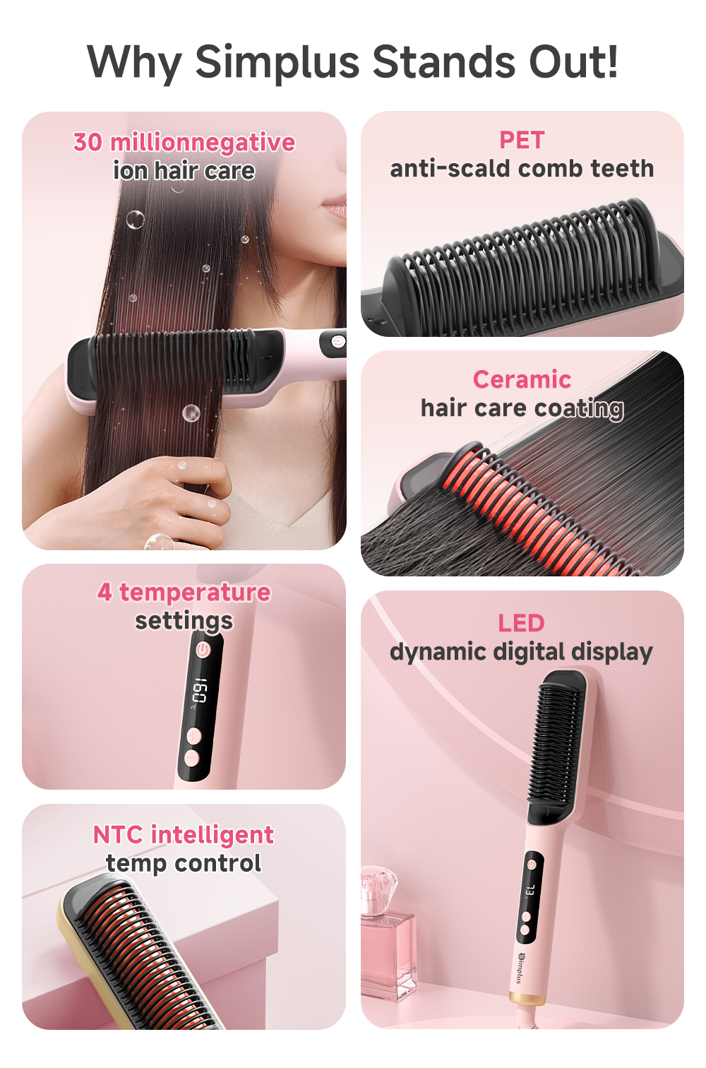 Simplus Hair Brush Straightener Negative Ion Anti-Scalding Hair Brush ...