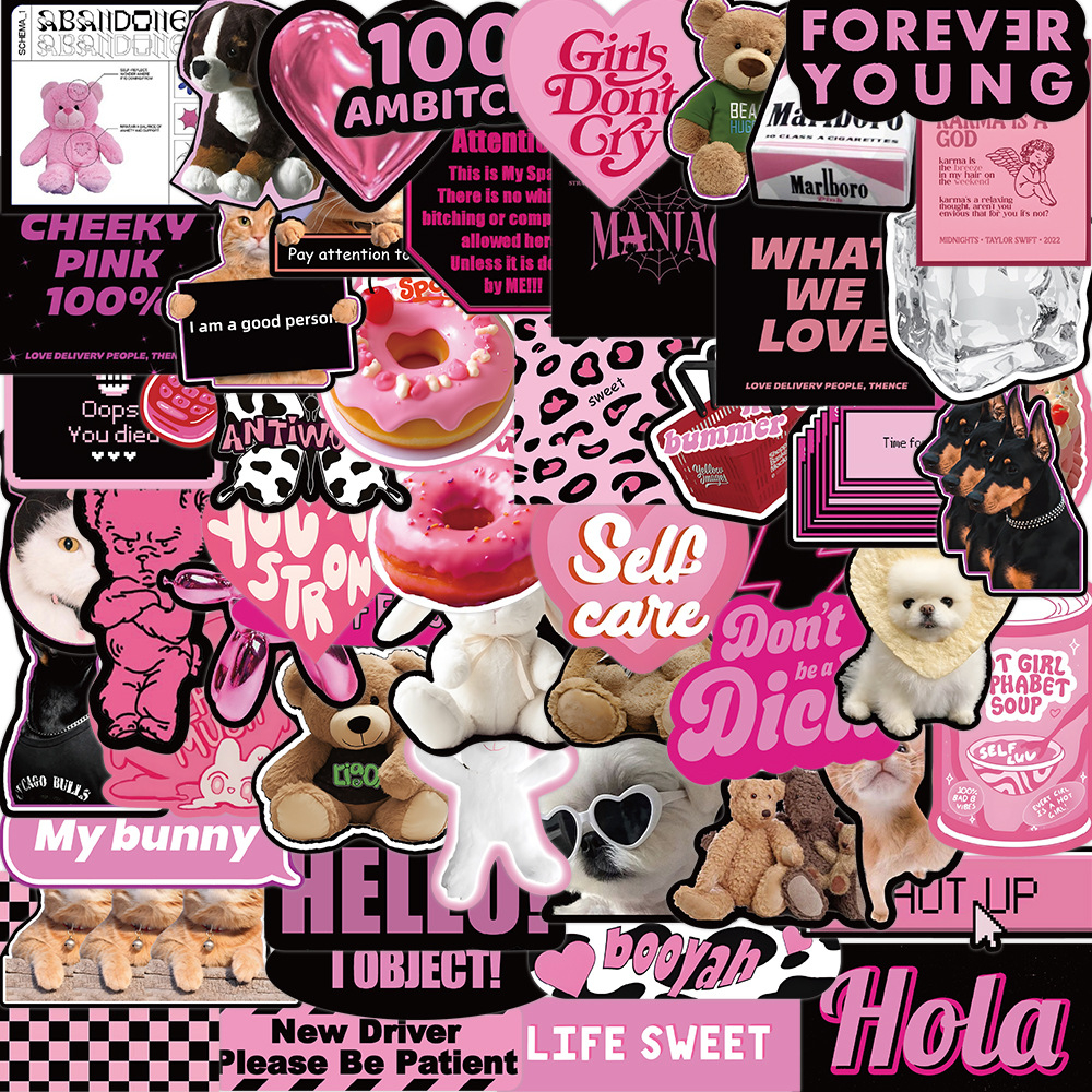 55PCS Euramerican Black Pink Graffiti Stickers Set – English Design ...