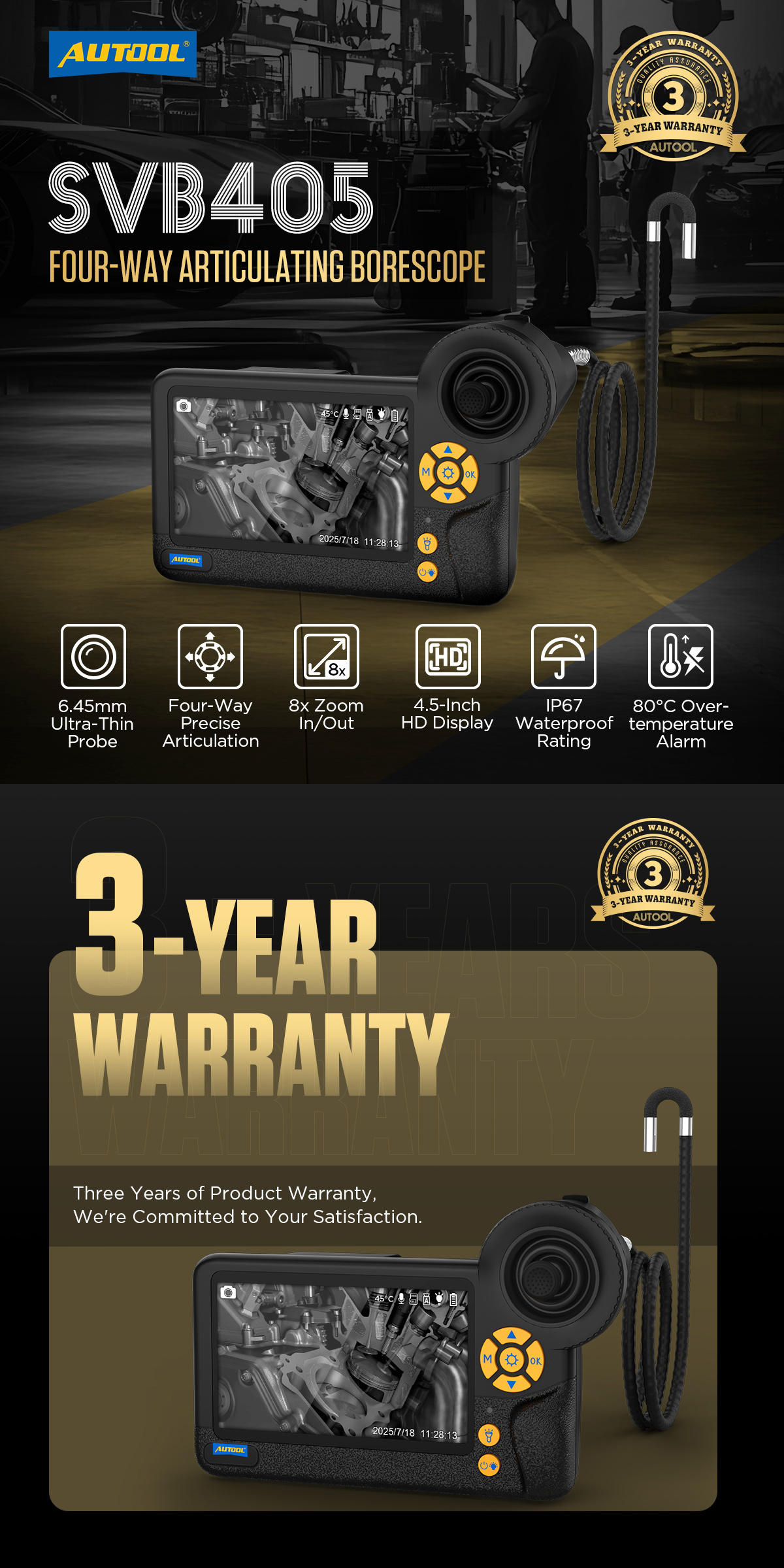 AUTOOL SVB405 Steering Endoscope Camera 360°Degrees Rotate Endoscope ...