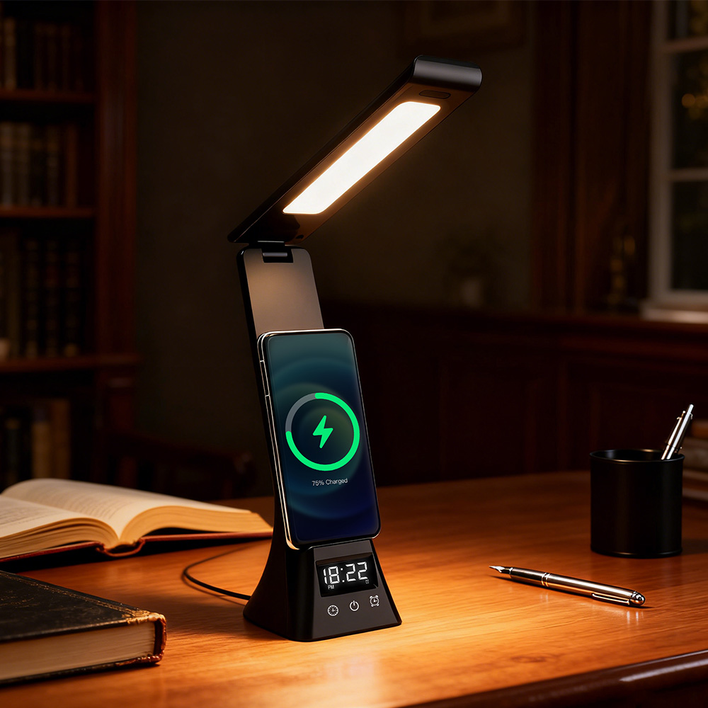 3-in-1 Foldable Desk Lamp With Wireless Charging, Clock Alarm, Phone ...