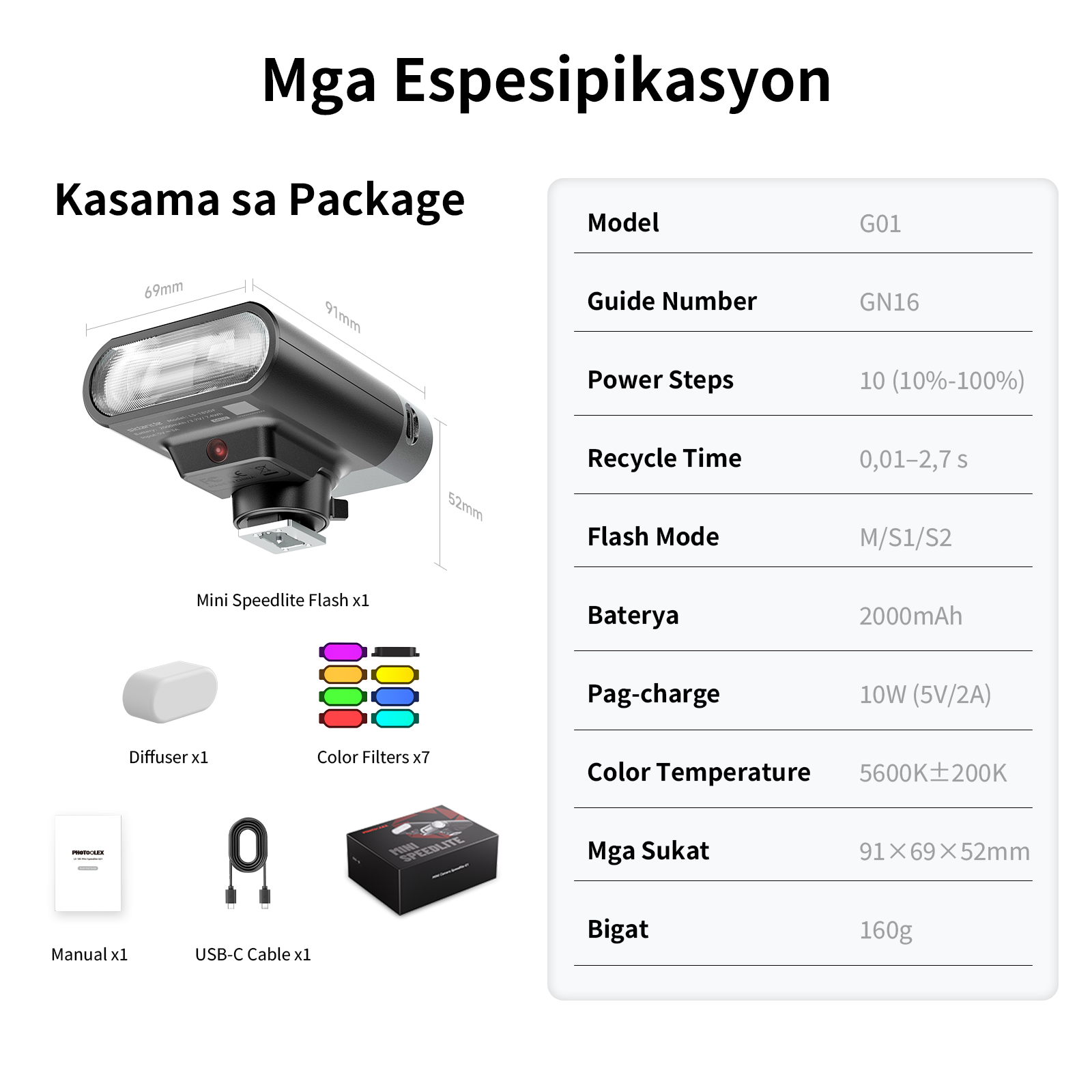 PHOTOOLEX G01 Mini Speedlight, Camera flash, External Hot Shoe G16 High ...