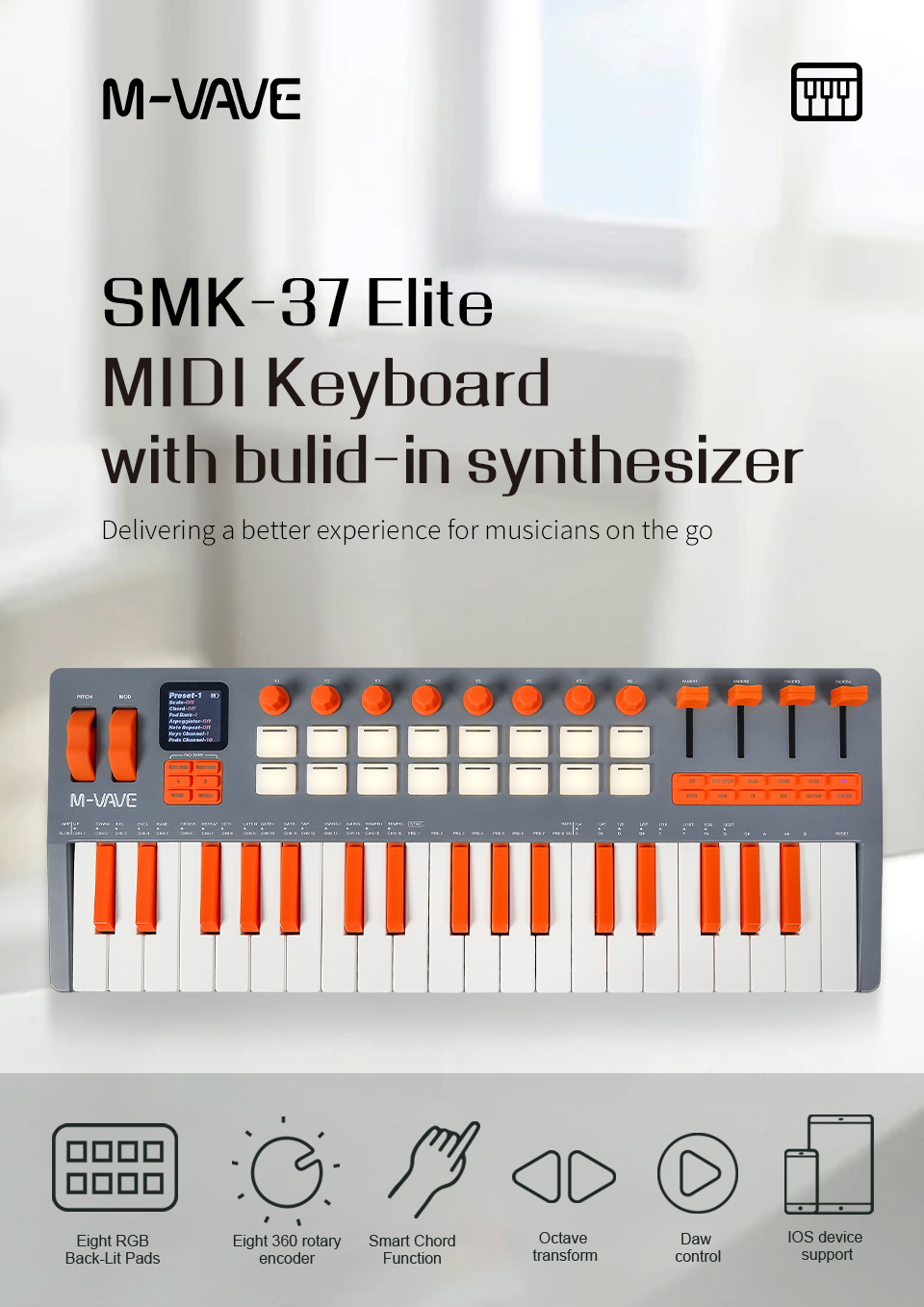 (PH 24H Shipping) M VAVE SMK-37 Elite MIDI Keyboard 8 Encoders 37-Key ...