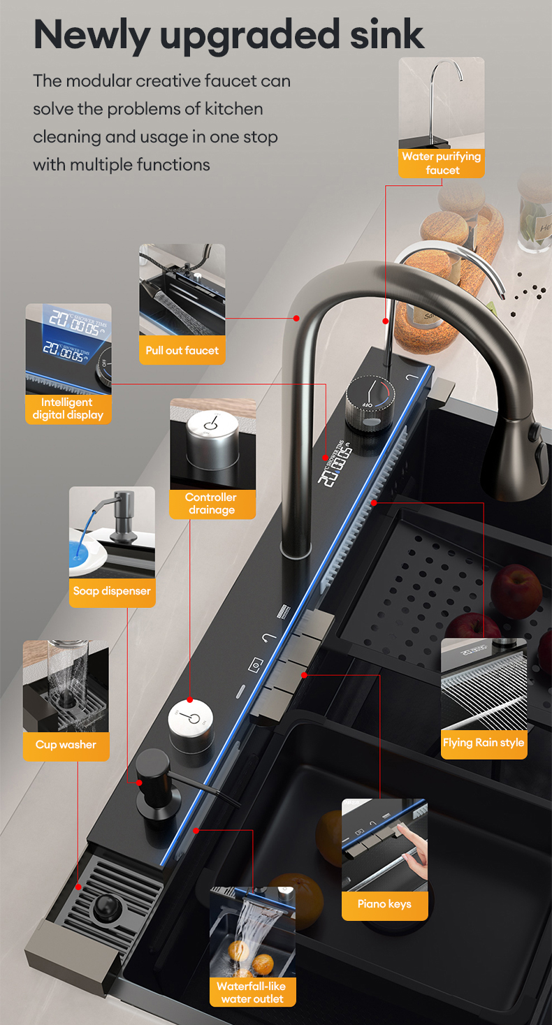 GAA Modern Smart Kitchen Sink Faucet Lababo 304 Stainlessl Steel Piano ...