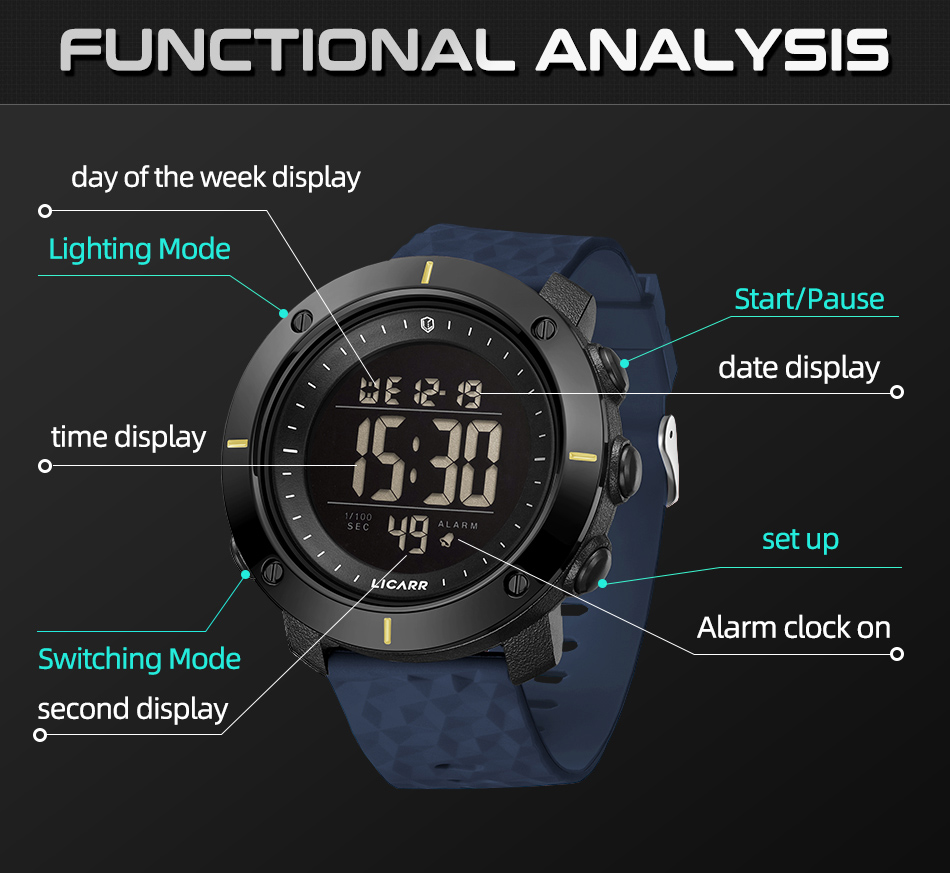 LICARR Digital Fashion Waterproof Stopwatch Alarm LED Light Calendar ...