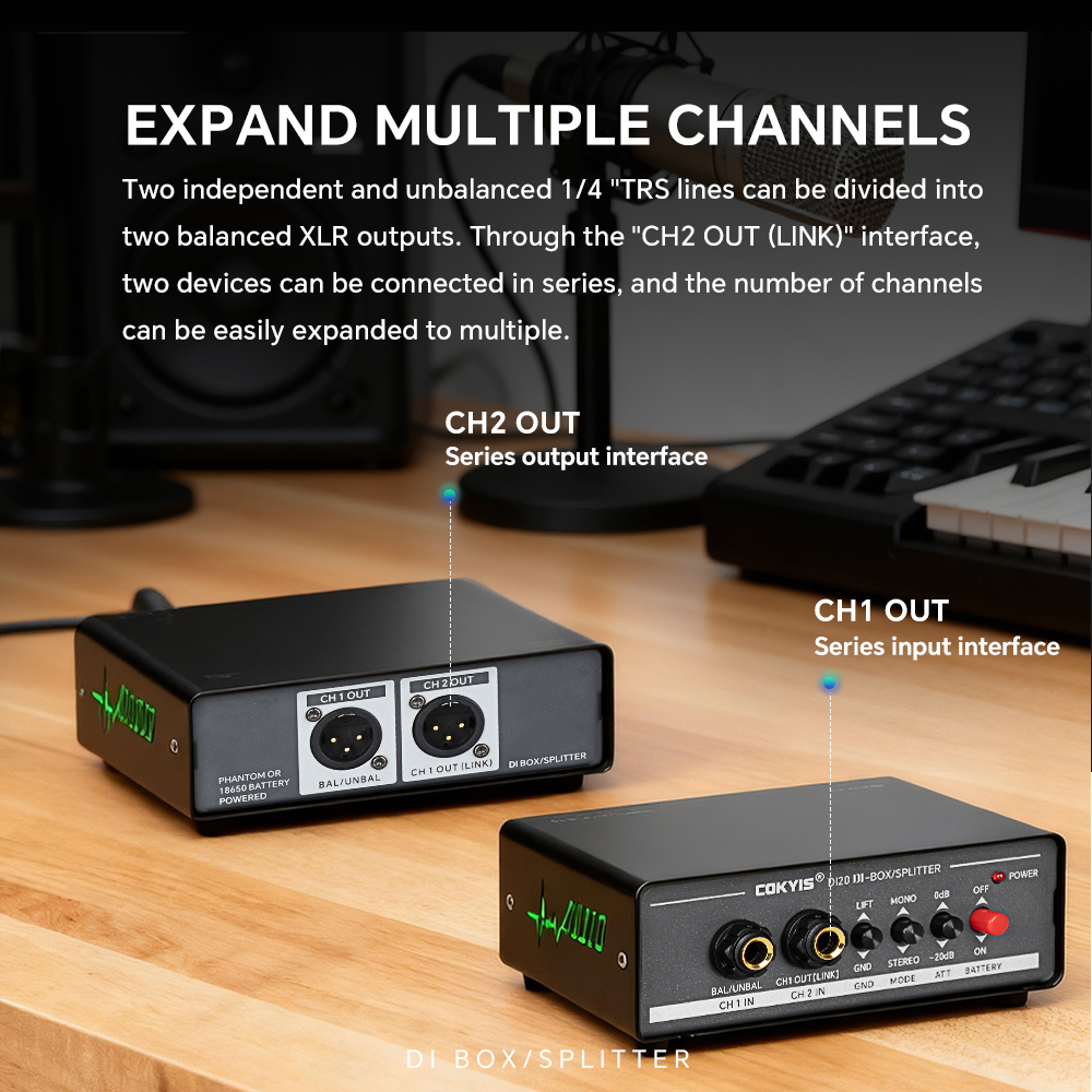 2 Channels Active DI-Box Splitter Hum Eliminator Box Ground Loop ...