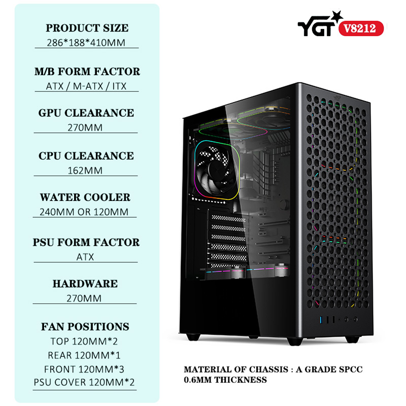 YGT Gaming Pc Case Mesh Panel Side With Tempered Glass Mid Tower Micro ...