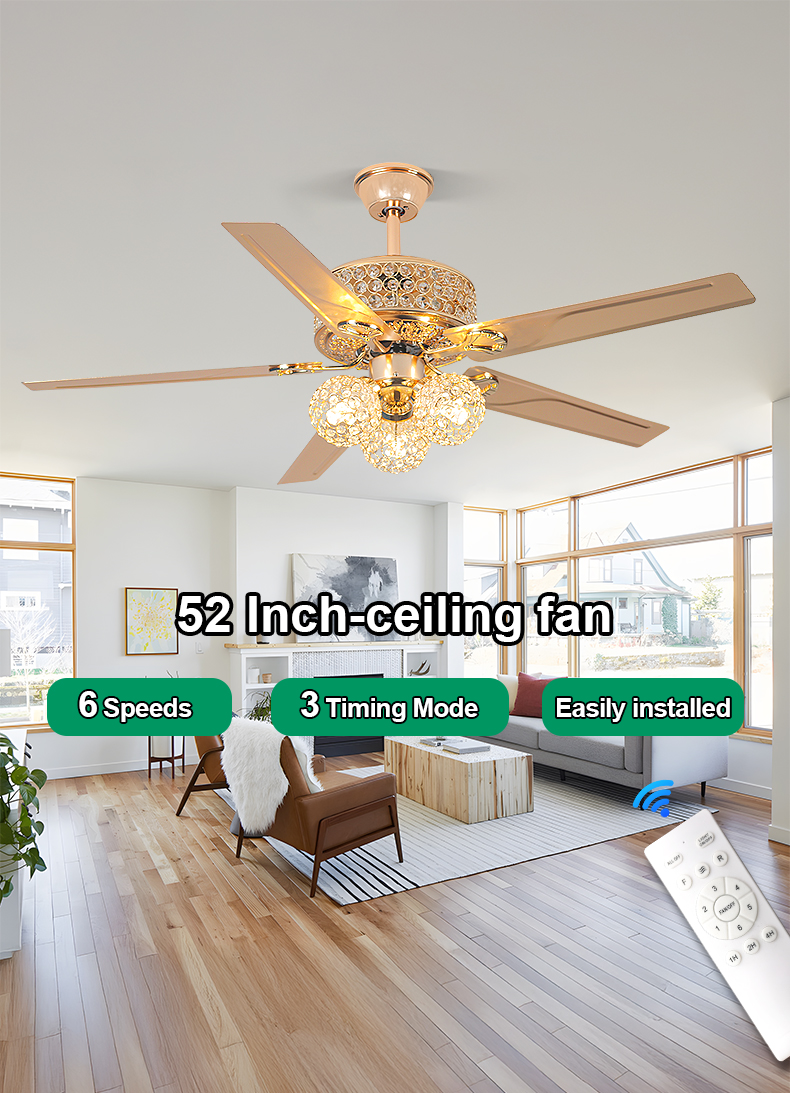 Ceiling Fan with Light 52 inch Crystal Chandelier Fan Remote Control 6 ...