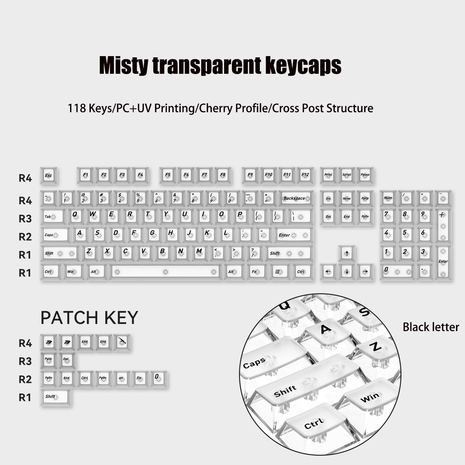118 Keys Fog White Transparent PC Keycaps Double Shot Cherry Profile ...