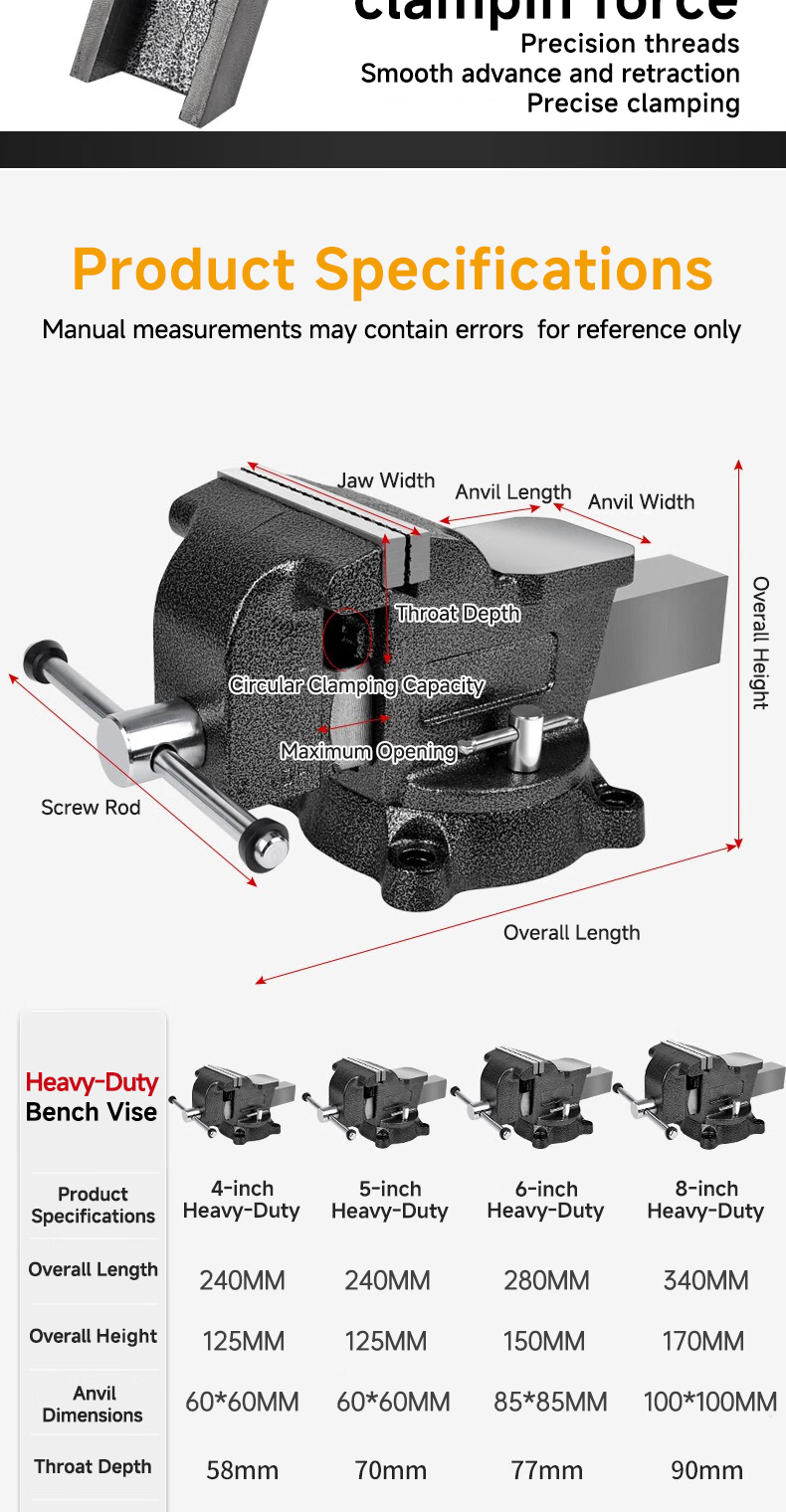 Bench Vise With Anvil 3/4/5/6/8 inch Heavy Duty Clamp Tool 360° Swivel ...