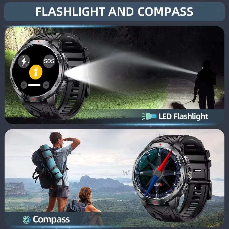 Smart Watch Men Compass 1100mAh Large Battery LED Flashlight 3ATM ...