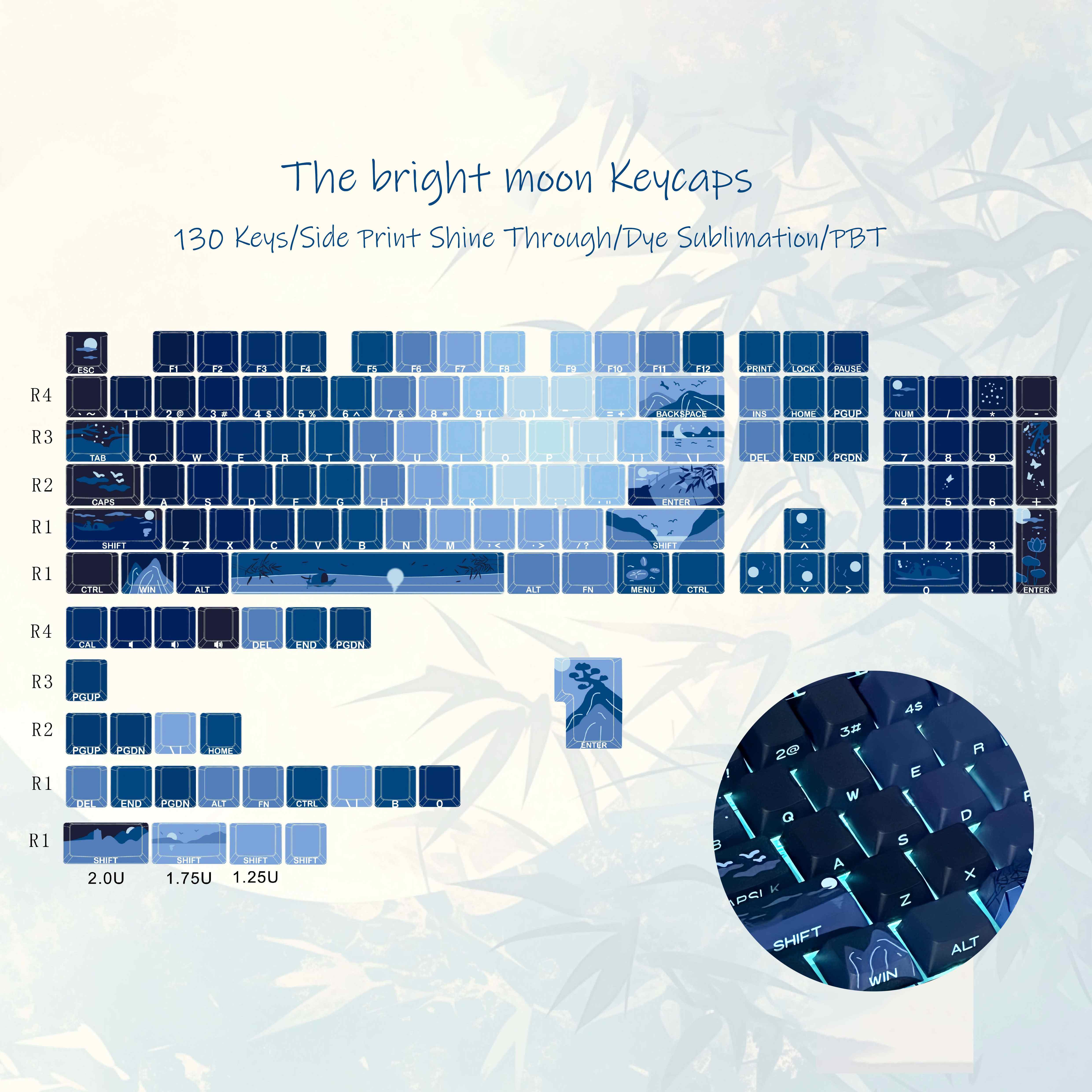 130 Keys Bright Moon Dye Sub PBT Keycaps Cherry Profile Side-lit Shine ...