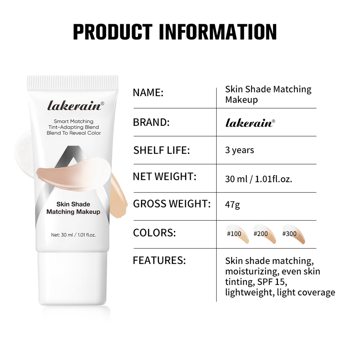 Lakerain Skin Shade Matching Foundation SPF15+ PA+++ Anti-Aging Color ...