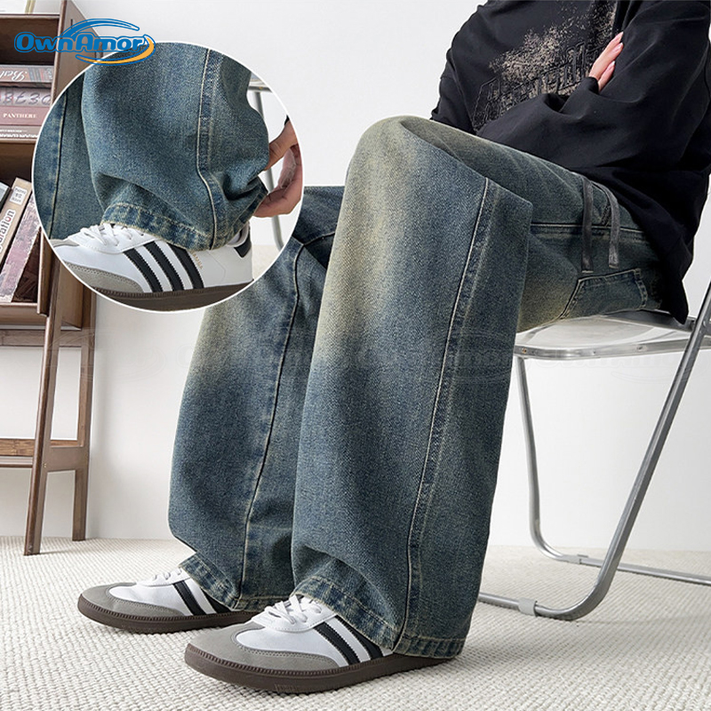 Baggy Jeans For Men Korean Washed Denim Retro Casual Straight Cut Jeans ...