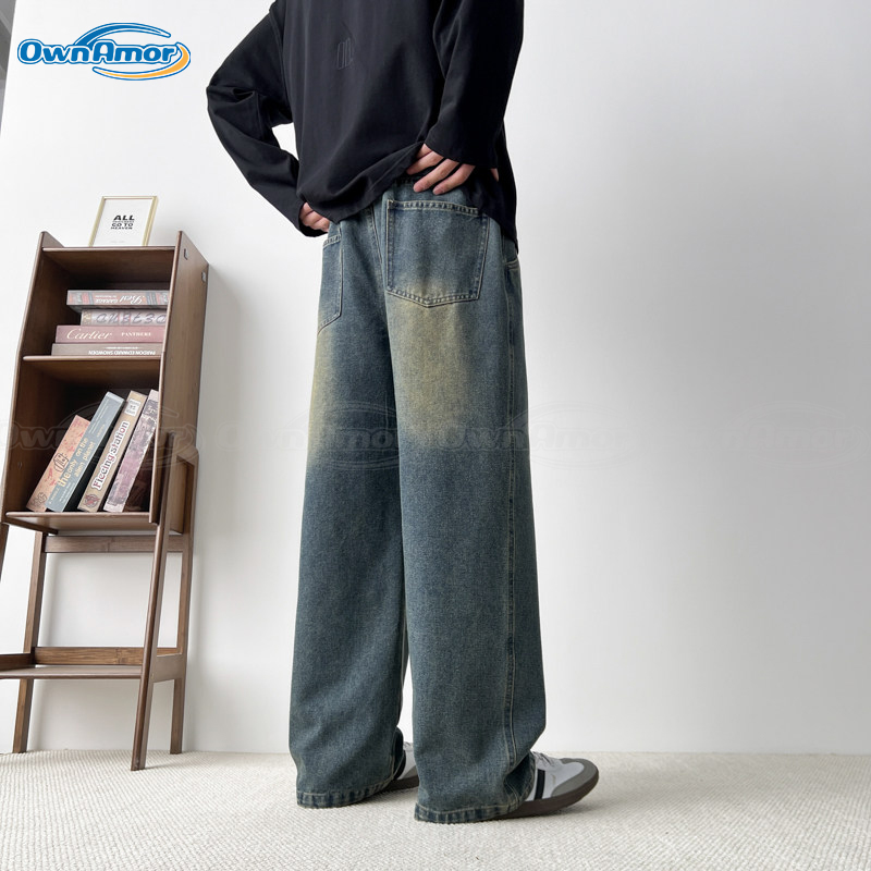 Baggy Jeans For Men Korean Washed Denim Retro Casual Straight Cut Jeans ...