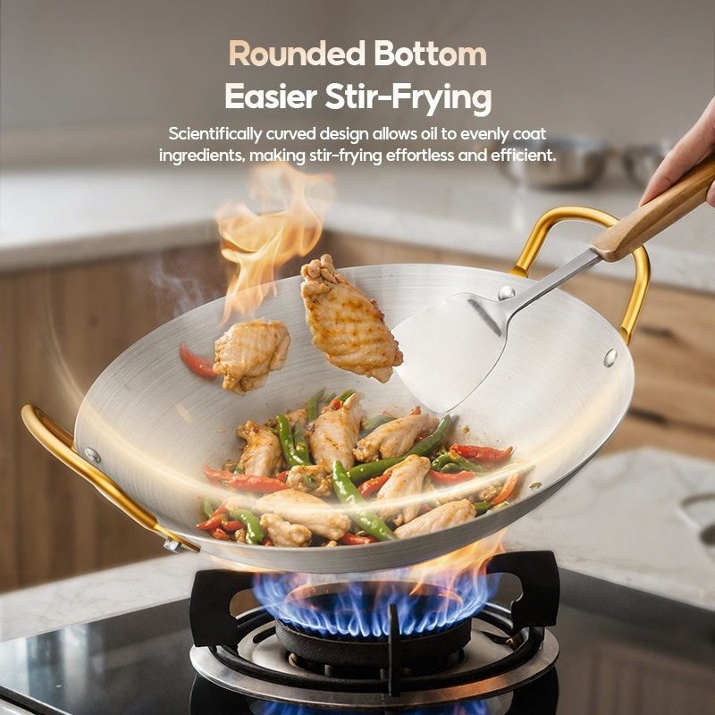 FUSIDO Thick Stainless Steel Wok Raging Fire Stove Frying Pan Double ...